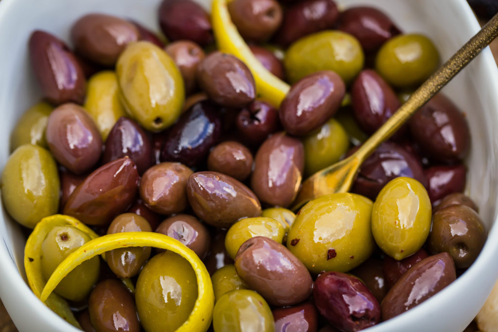 Warm spiced olives with lemon, bay leaves and sumac.