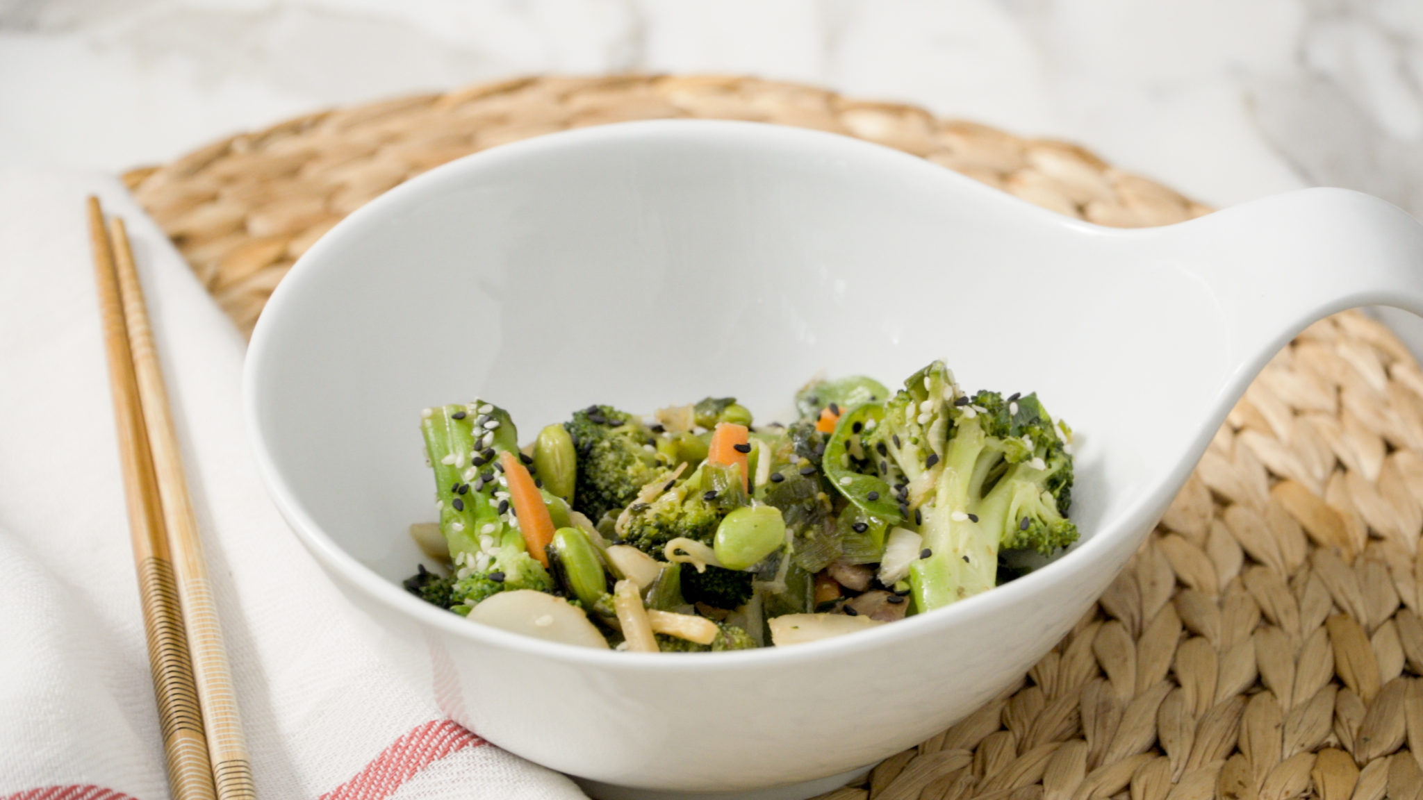 Quick vegetable stir fry made from frozen stir fry mix and broccoli.